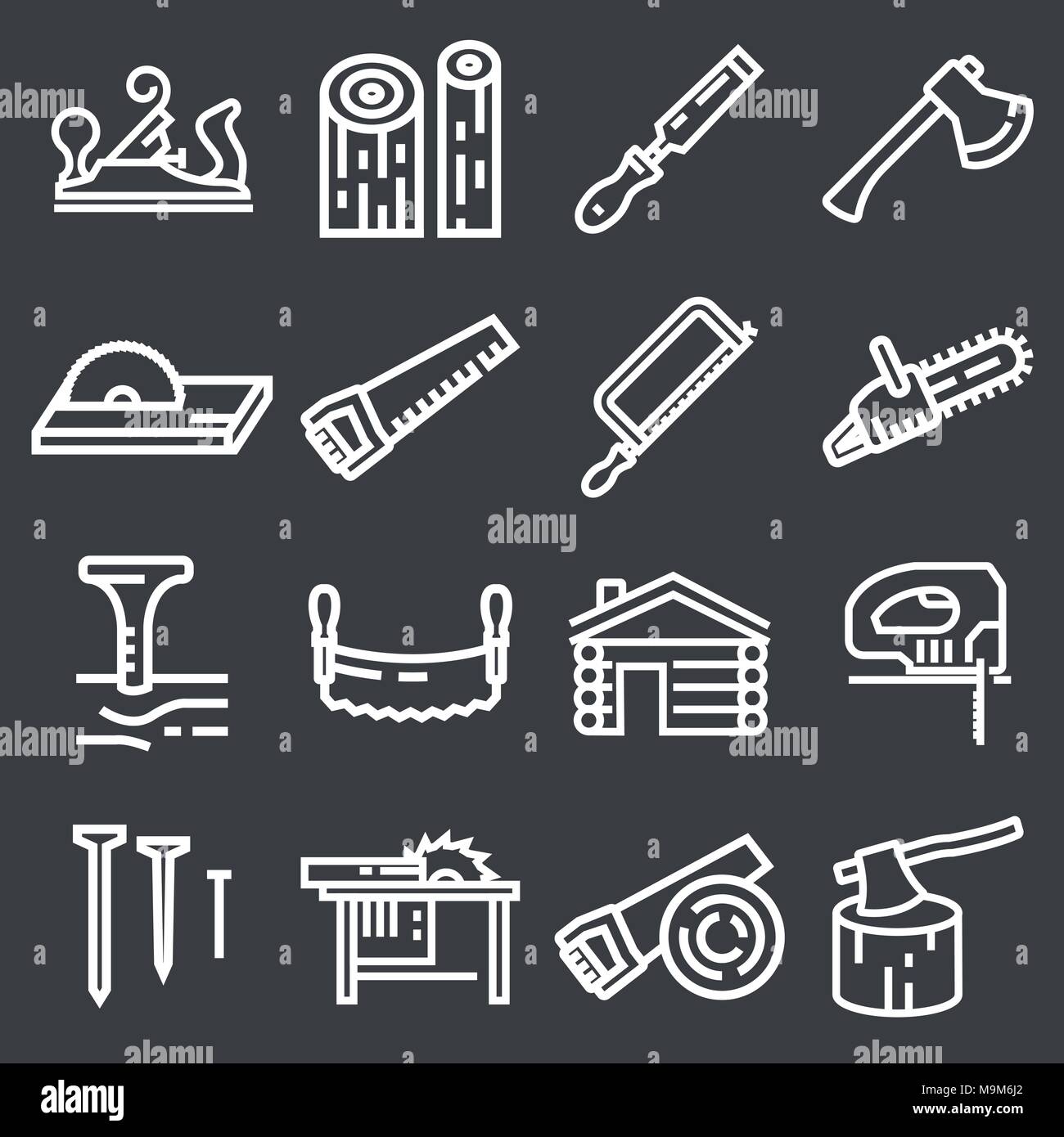 Carpentry wood work tools and equipment white icons set isolated vector ...