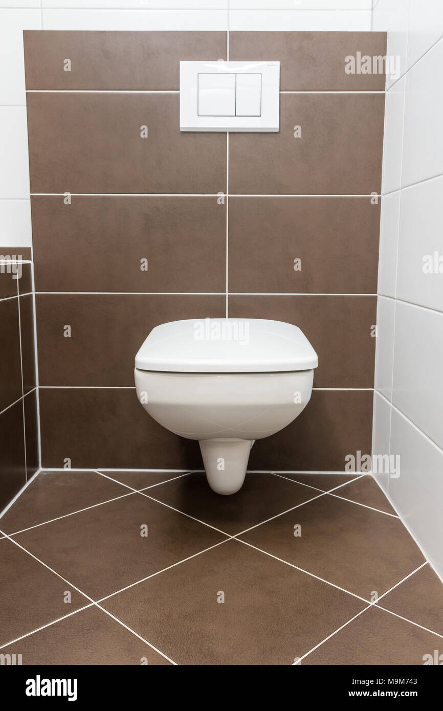 Front view of the closed toilet bowl. The toilet is in modern design in ...