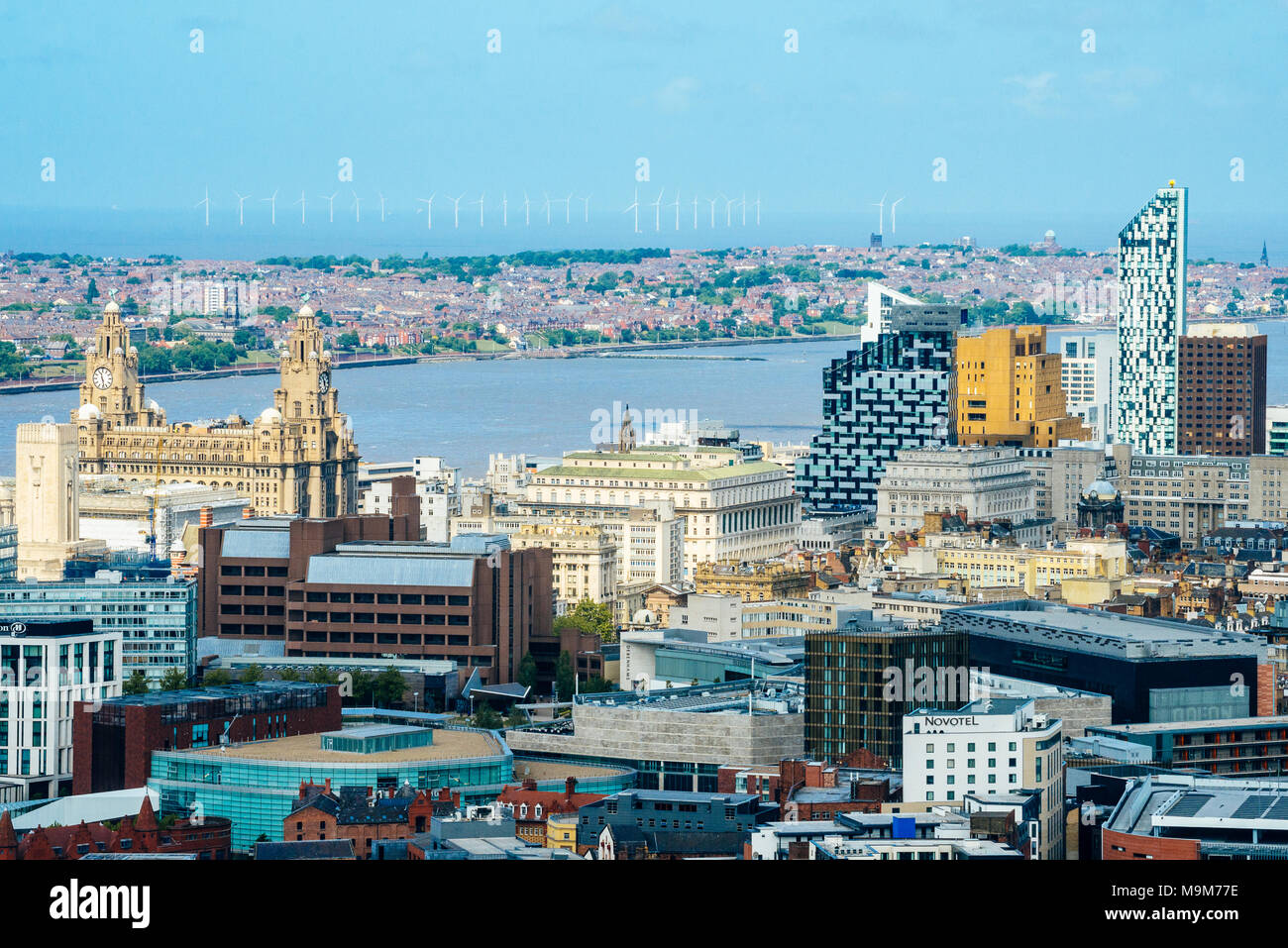 Liverpool skyline with the Liver Building on left, the River Mersey and ...