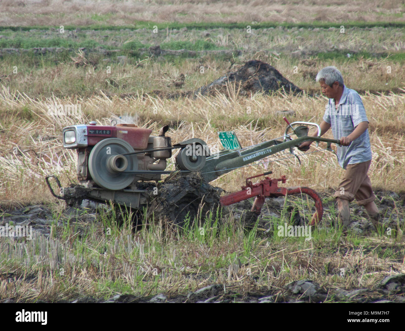 Farmer ploughing land with agricultural machine in Yunnan province ...