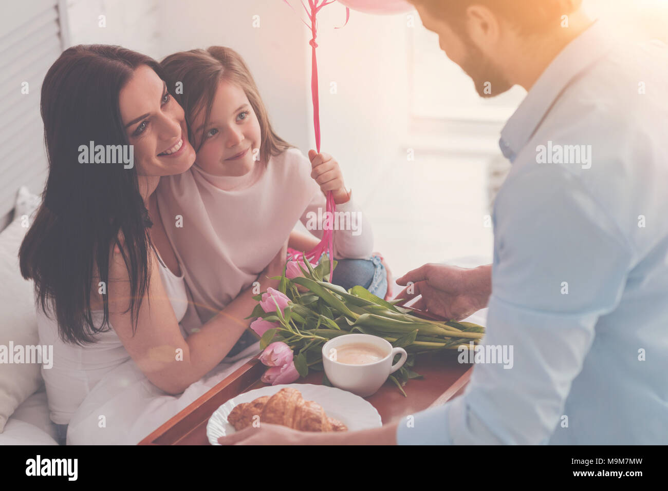 Excited lively lady having a surprise breakfast Stock Photo - Alamy