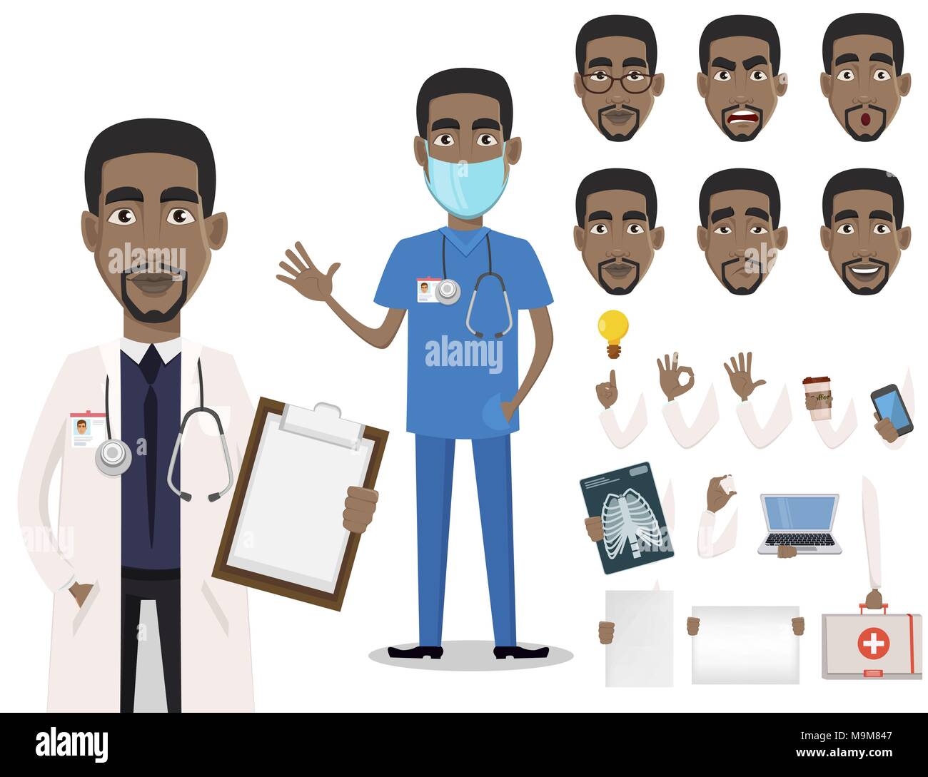 Young professional African American doctor, pack of body parts and ...