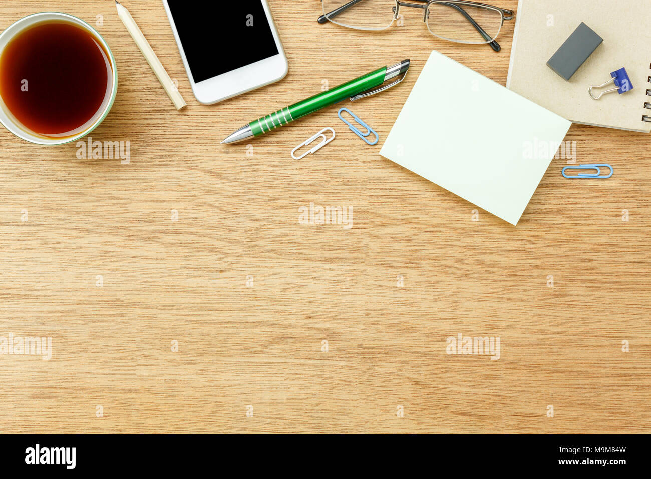 Table top view aerial image stationary on office desk background ...