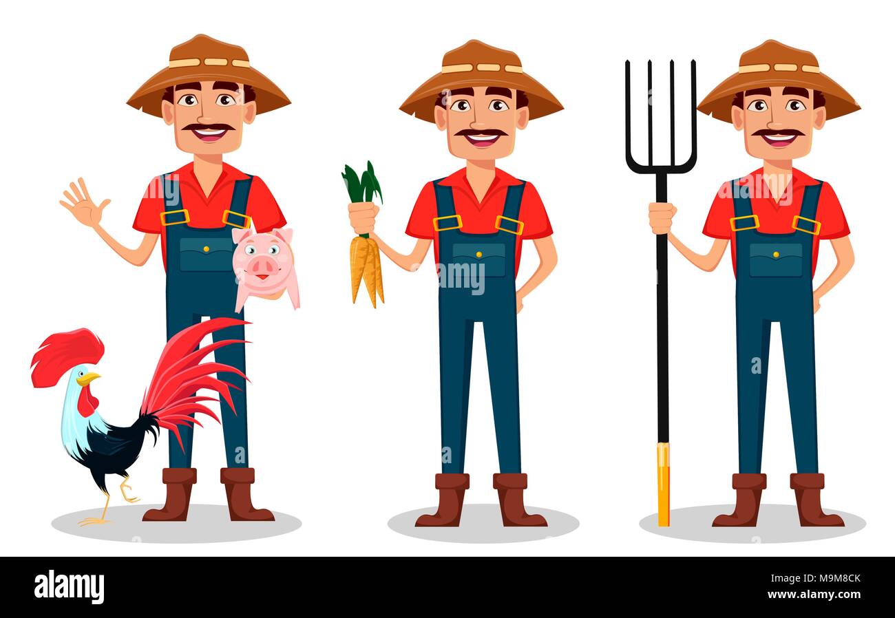 Farmer cartoon character set. Cheerful gardener stands with farm ...