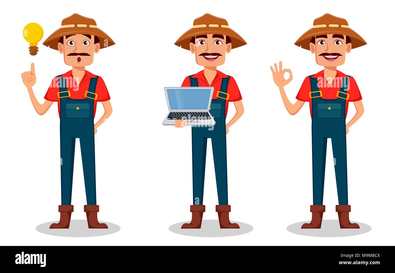 Farmer cartoon character set. Cheerful gardener has a good idea, holds ...