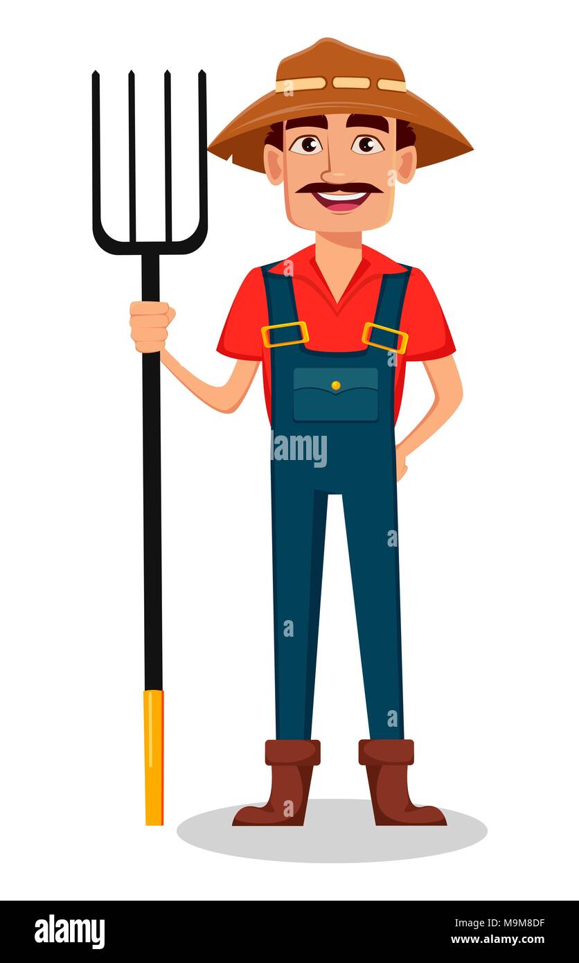 Farmer cartoon character. Cheerful gardener holds pitchfork. Vector ...