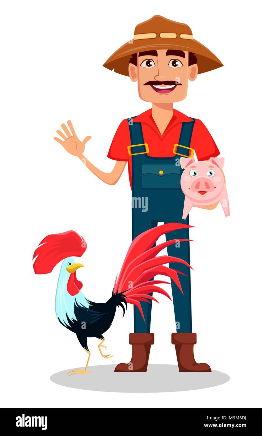 Farmer cartoon character. Cheerful gardener stands near rooster and ...