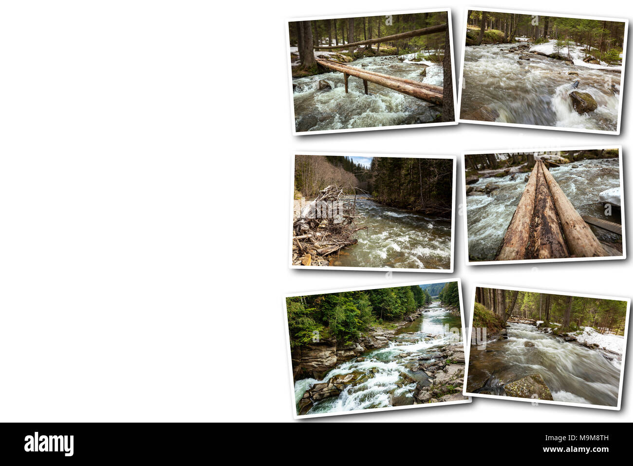 collage on white background flows a fast mountain river, a muddy ...