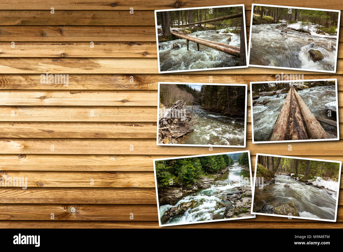 Collage flows a fast mountain river, a muddy mountain river in the ...