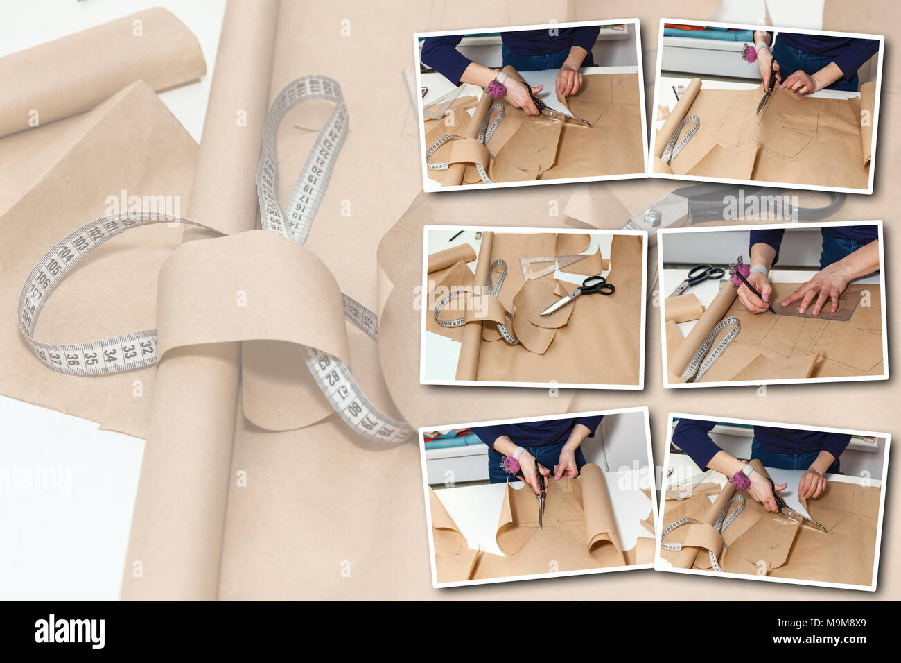 Collage seamstress is cutting drawing for a dress with scissors. Style ...