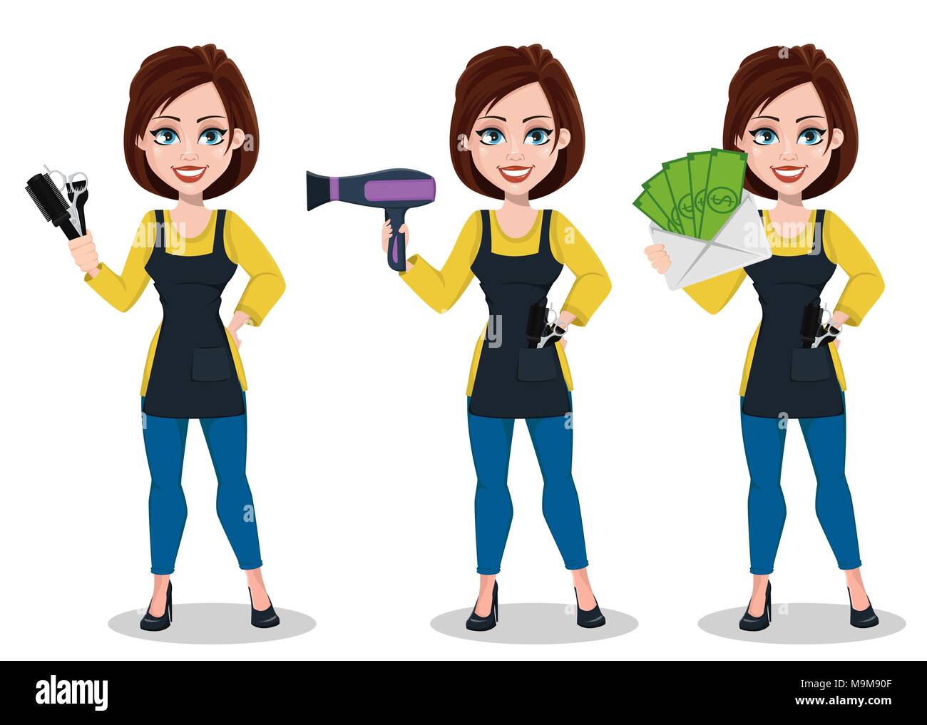 Hairdresser woman in professional uniform, set of three poses ...
