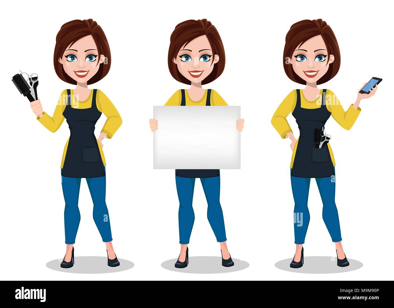 Hairdresser woman in professional uniform, set of three poses ...