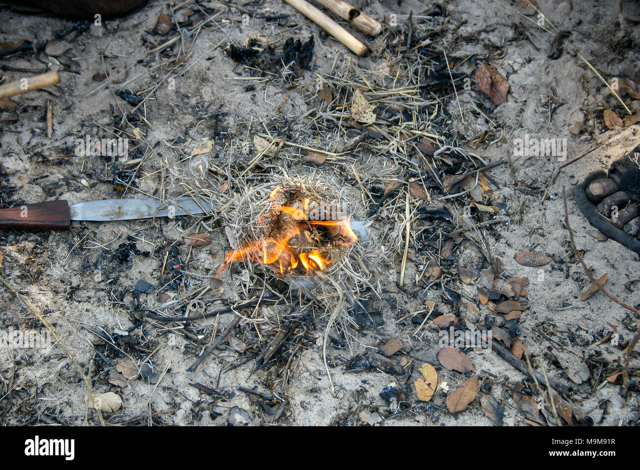 San tribe bushmen, also known as the First Tribe of Africa, making fire ...