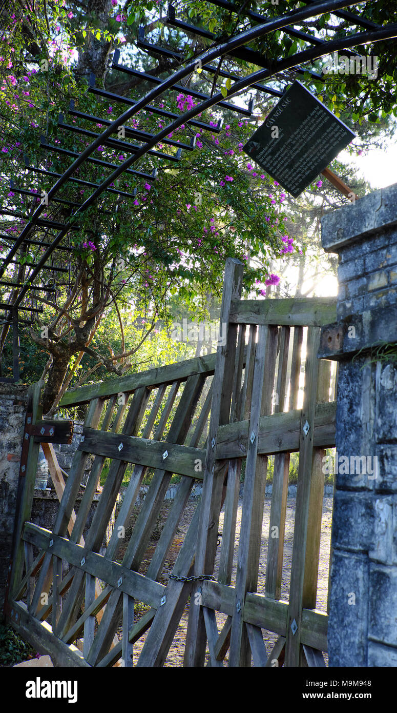 Ancient wooden gate of old villa at Da Lat city, Vietnam, vintage ...