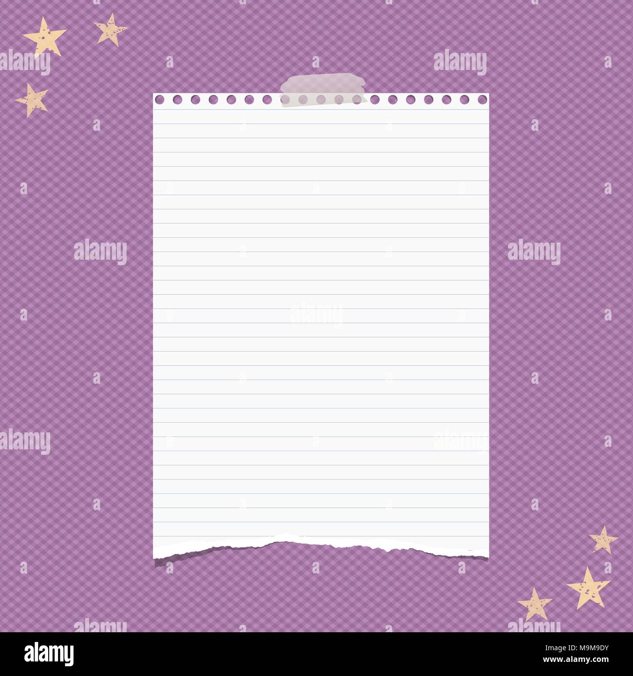 Torn white lined note, notebook paper sheet for text, stuck on squared ... Torn white lined note, notebook paper sheet for text, stuck on squared ...