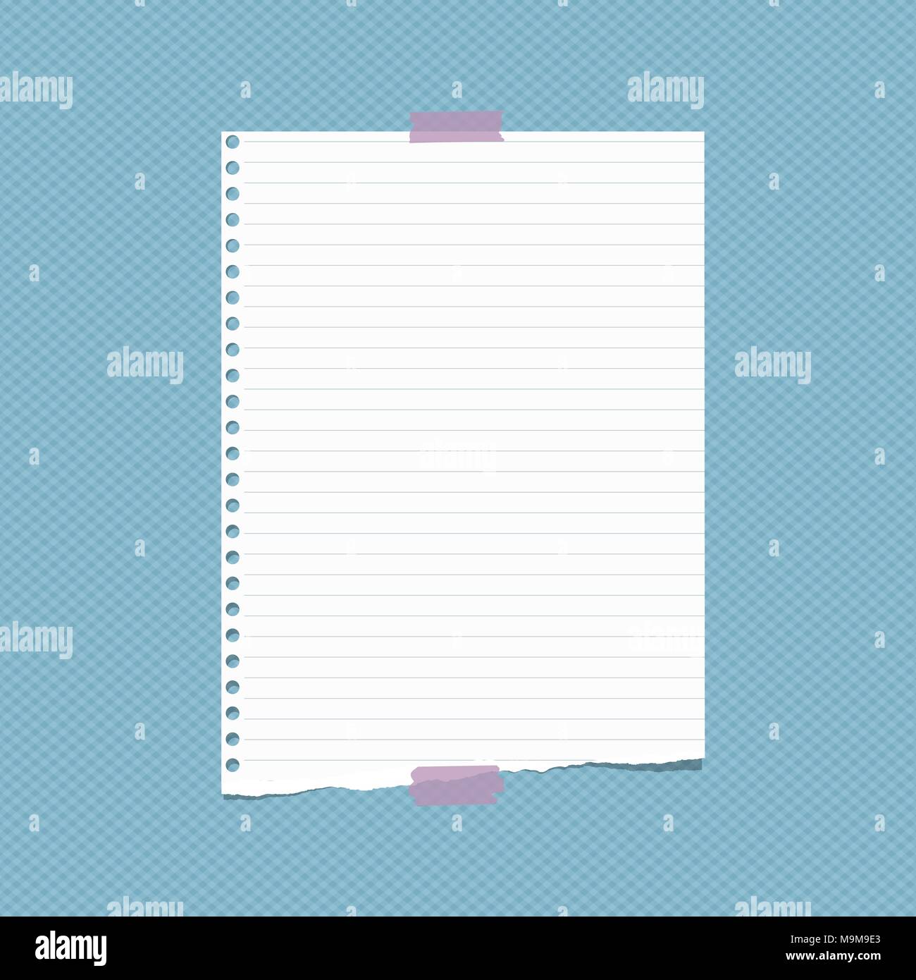 Torn white lined note, notebook paper sheet for text, stuck on squared ...
