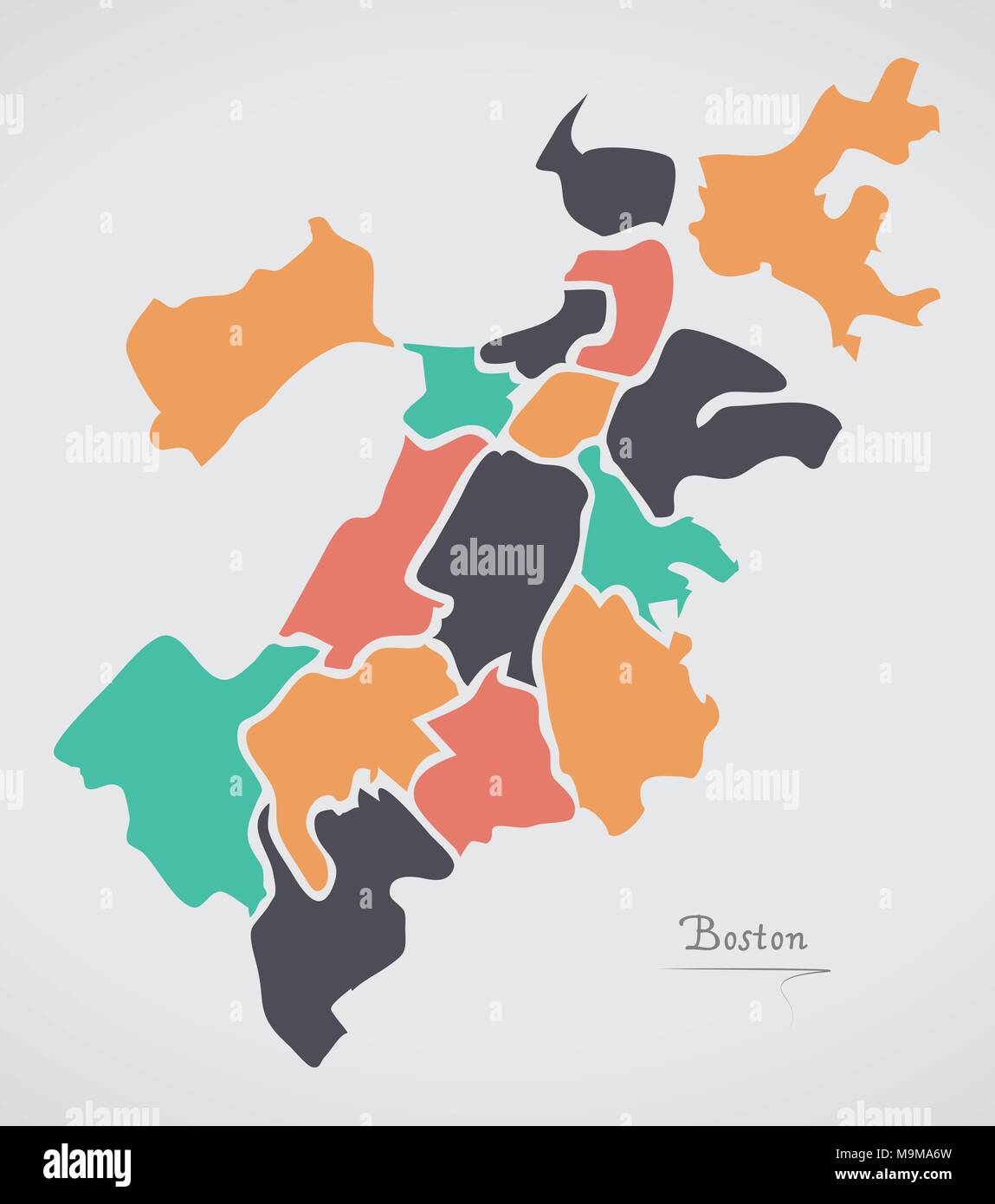 Boston Massachusetts Map with neighborhoods and modern round shapes ...