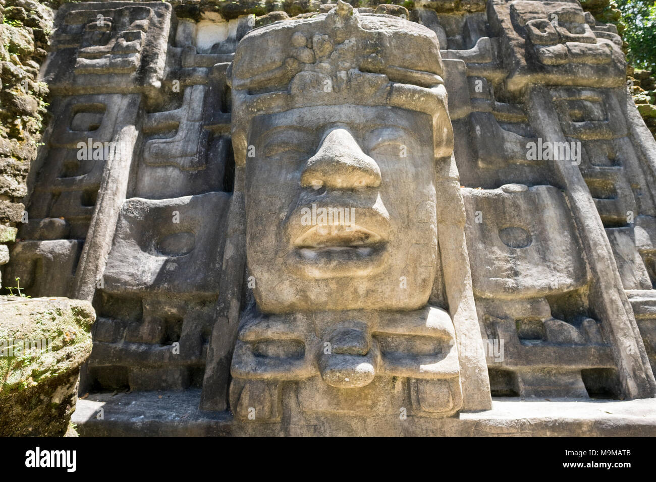 Ancient Mayan carved stone mask of a god at the ruins of Lamanai ...