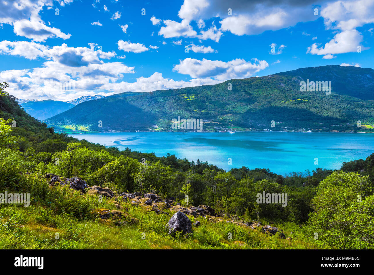 panorama of the Lustrafjorden from above, Norway, part of the ...