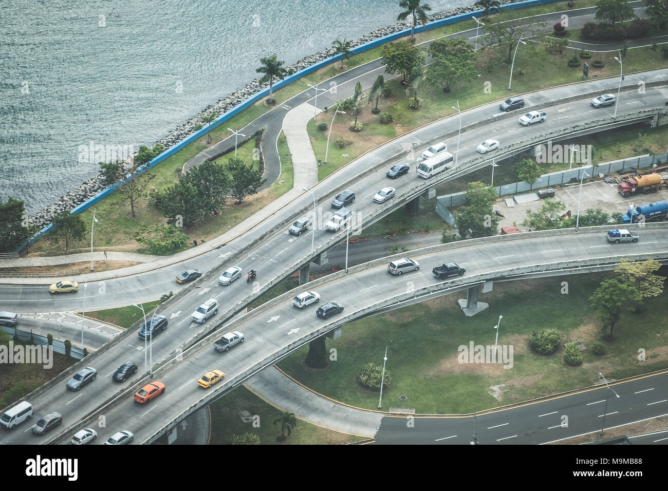 busy street traffc from above, cars on highway - city traffic aerial ...