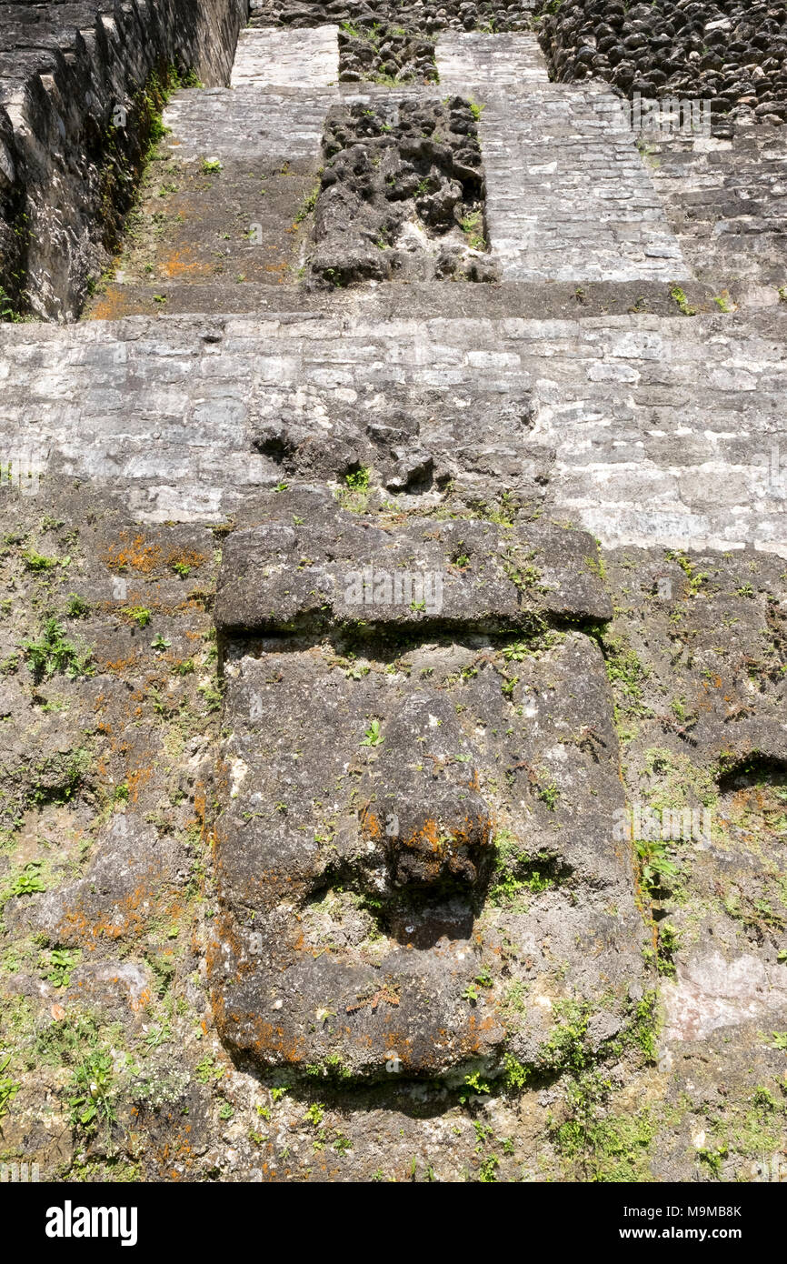 Ancient Mayan carved stone mask of a god at the ruins of Lamanai ...