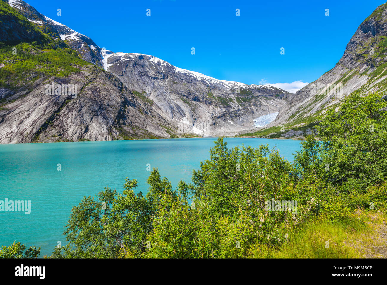 lake and glacier, Norway, Jostedalsbreen National Park, view to ...