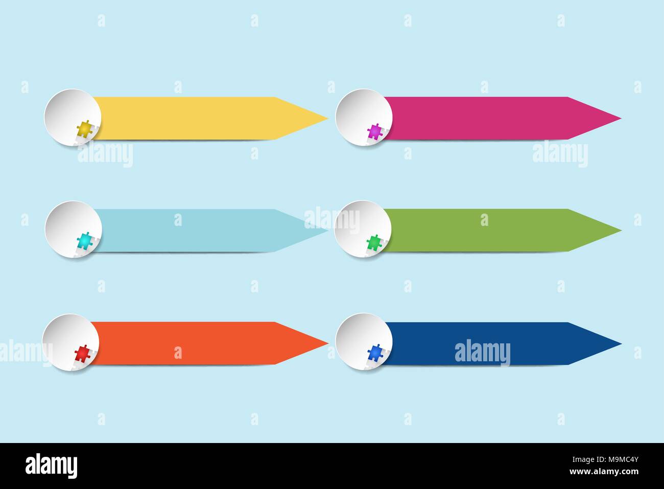 Colorful rectangle pointed labels with circles and puzzle design Stock ...