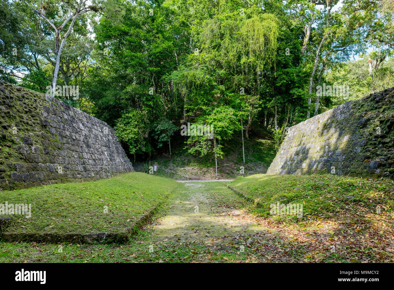 Ancient ball court ruins from the Mayan archeological site in Yaxha ...