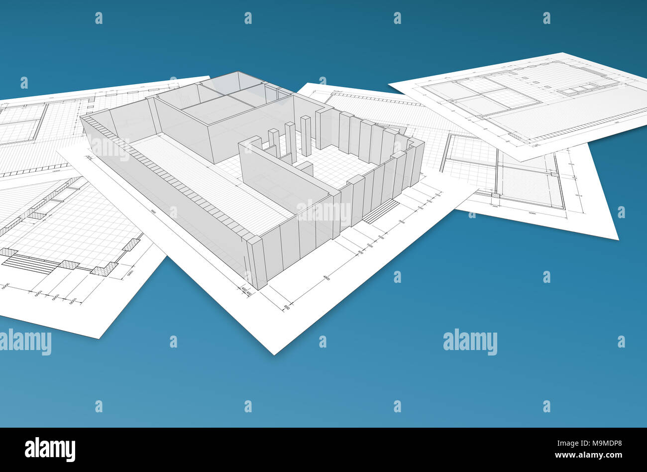 Blueprint on blue 3d rendering Stock Photo - Alamy