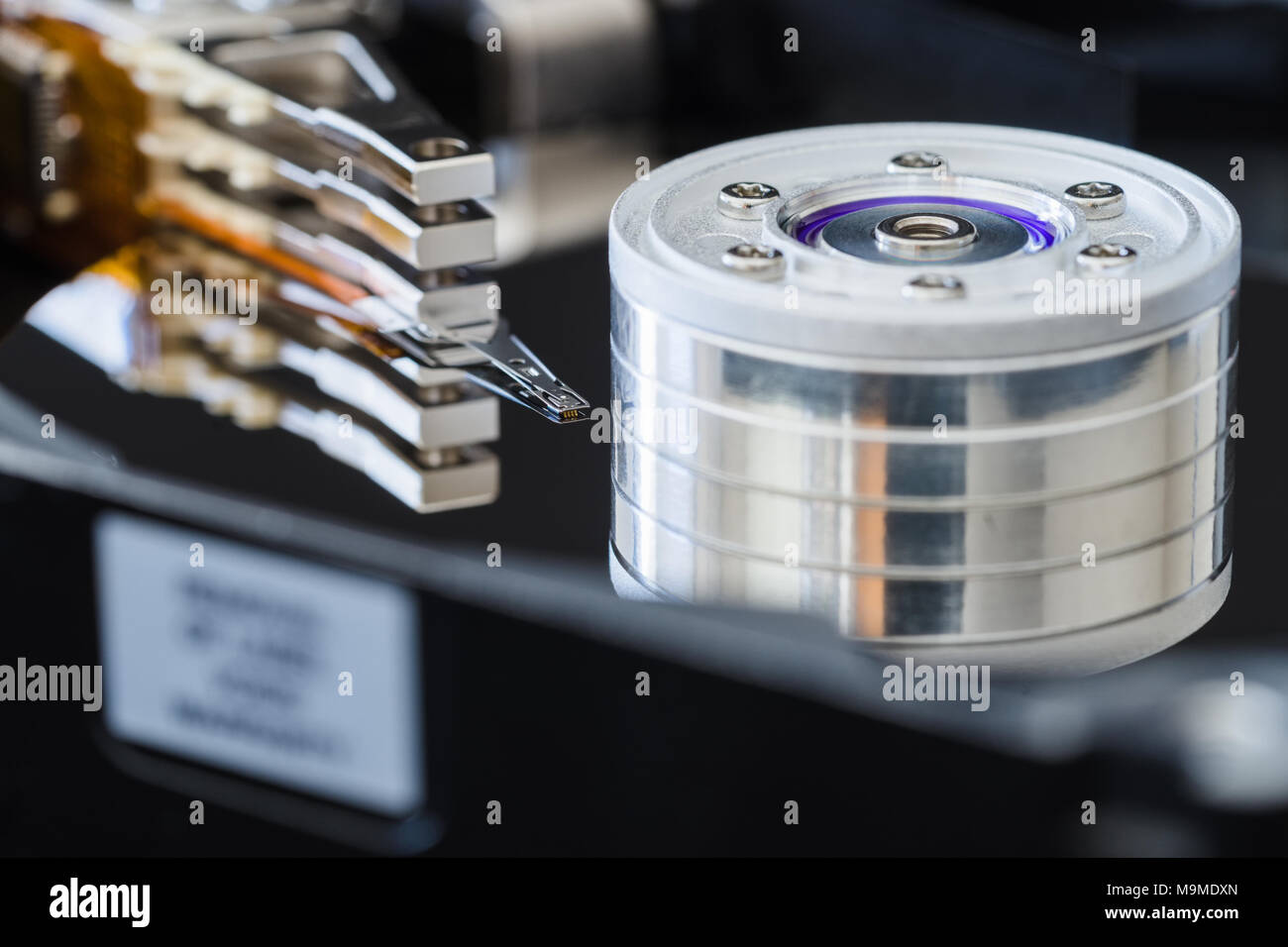 Hard disk drive inside close-up, actuator arm, read write head, ribbon ...