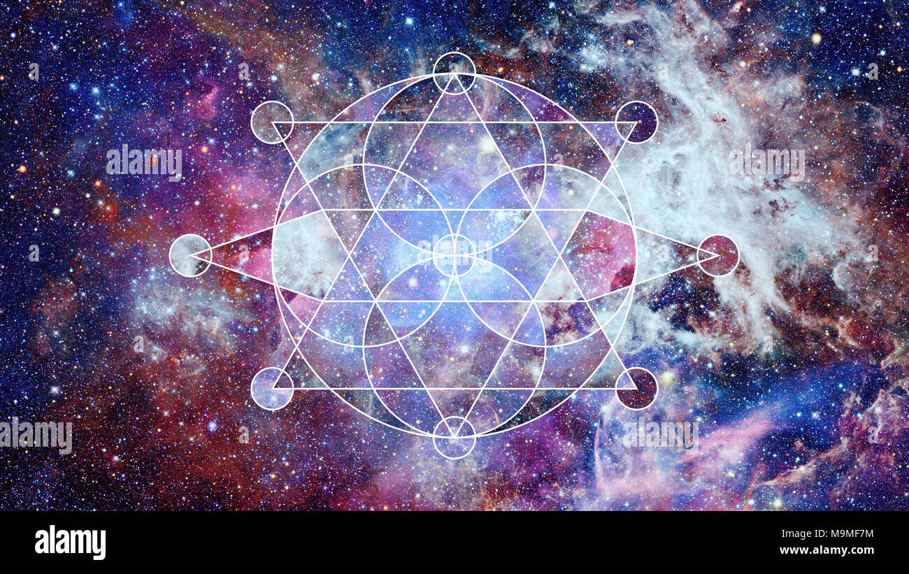 Abstract cosmos geometric background with polygons, triangles, stars ...