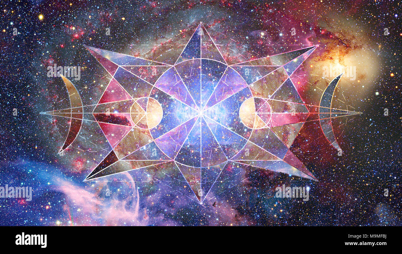 Abstract cosmos geometric background with polygons, triangles, stars ...