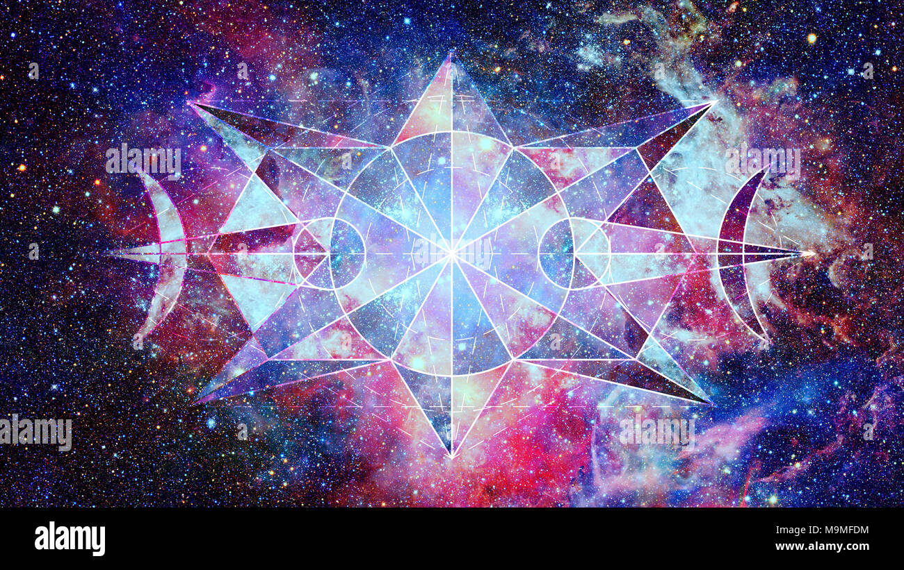 Abstract cosmos geometric background with polygons, triangles, stars ...