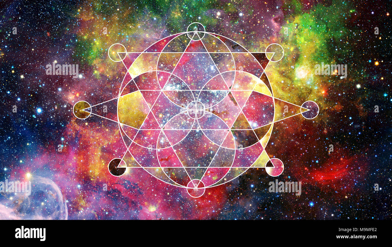 Abstract cosmos geometric background with polygons, triangles, stars ...