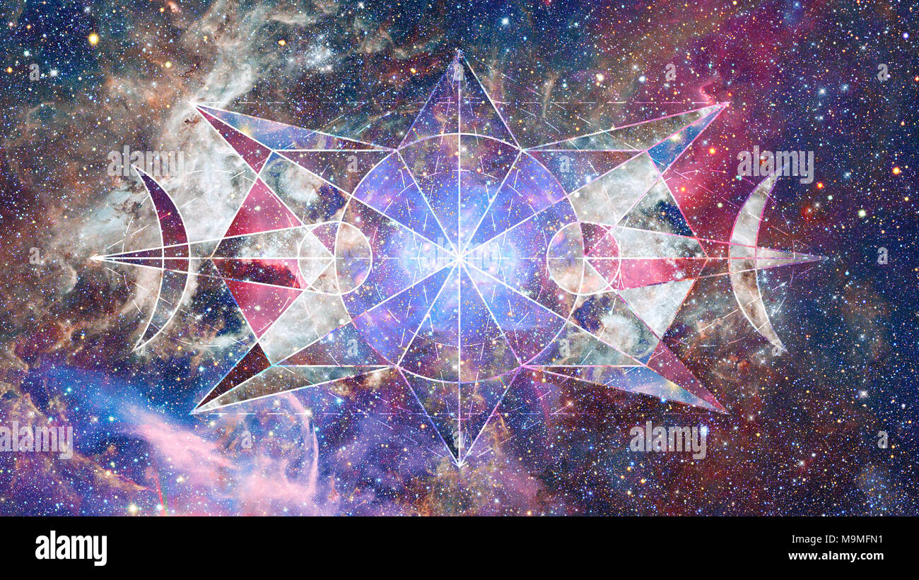 Abstract cosmos geometric background with polygons, triangles, stars ...