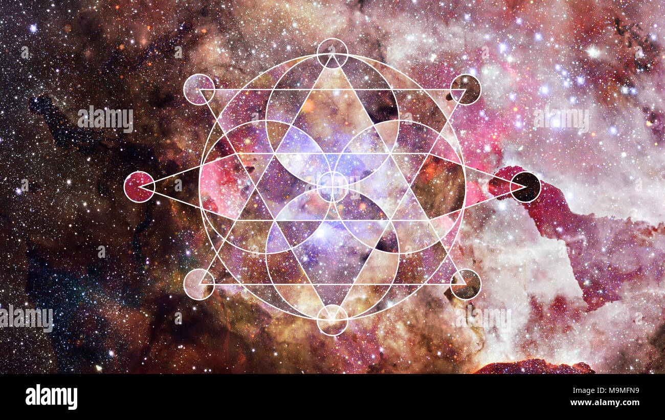 Abstract cosmos geometric background with polygons, triangles, stars ...