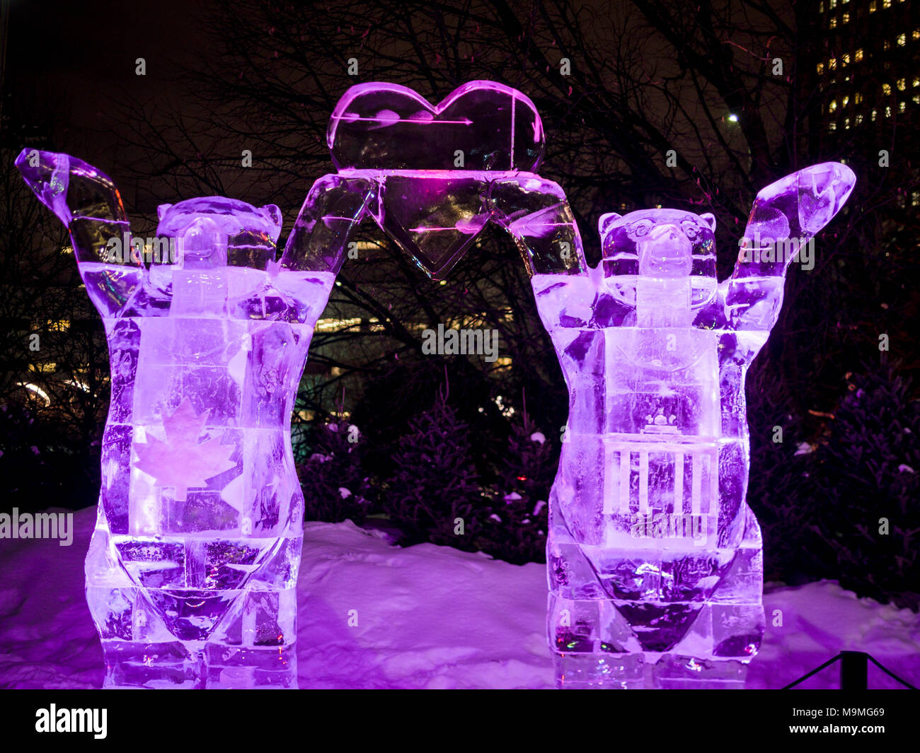Purple Bears with a Heart ice sculpture at winterlude: Two bears stand ...