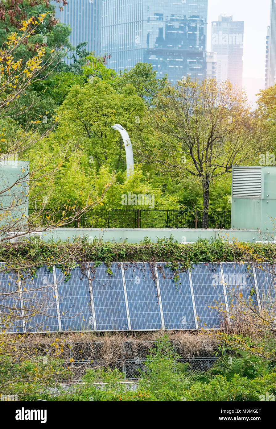 solar panel plant with urban landscape landmarks,Ecological energy ...