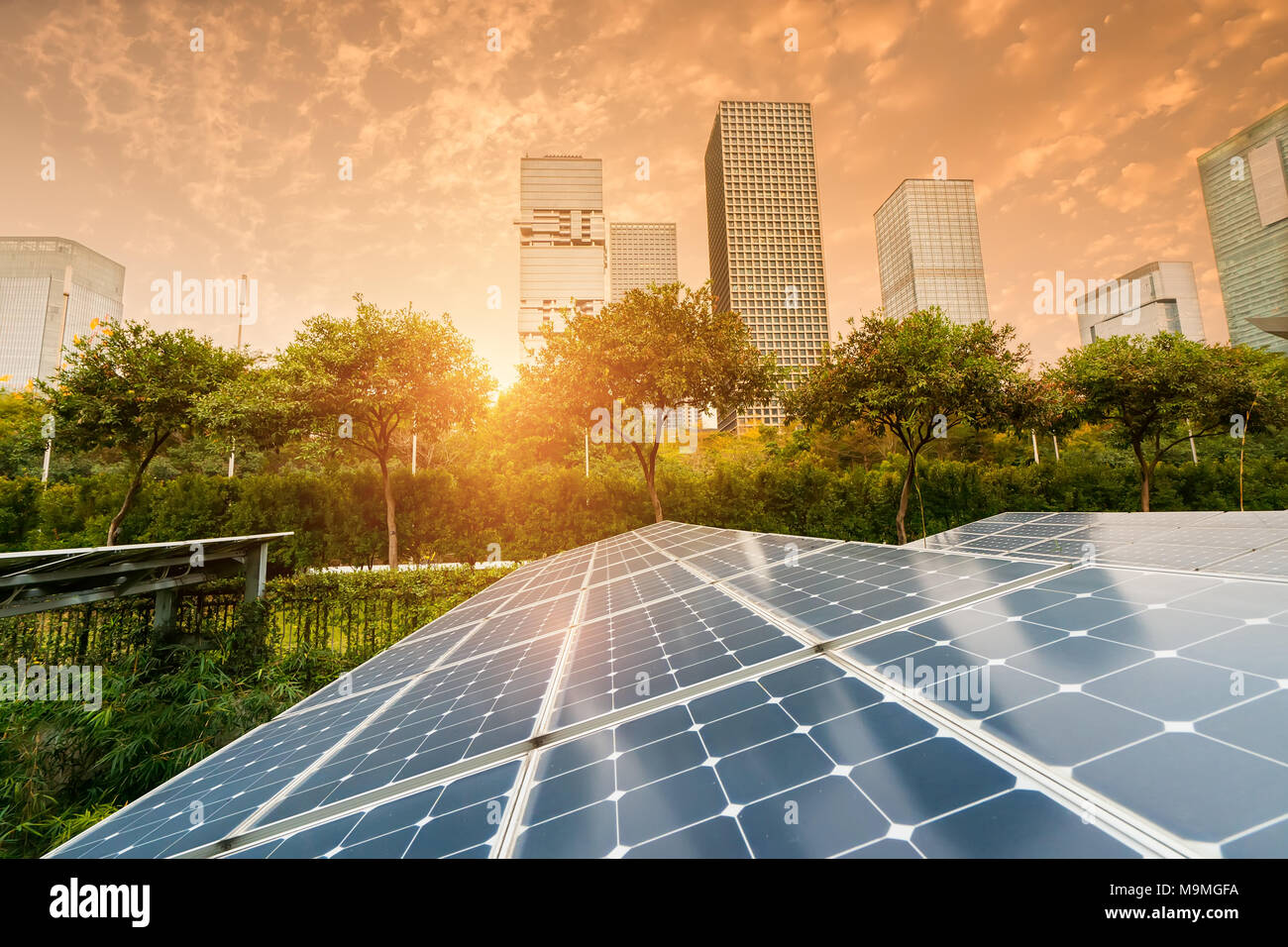 solar panel plant with urban landscape landmarks,Ecological energy ...