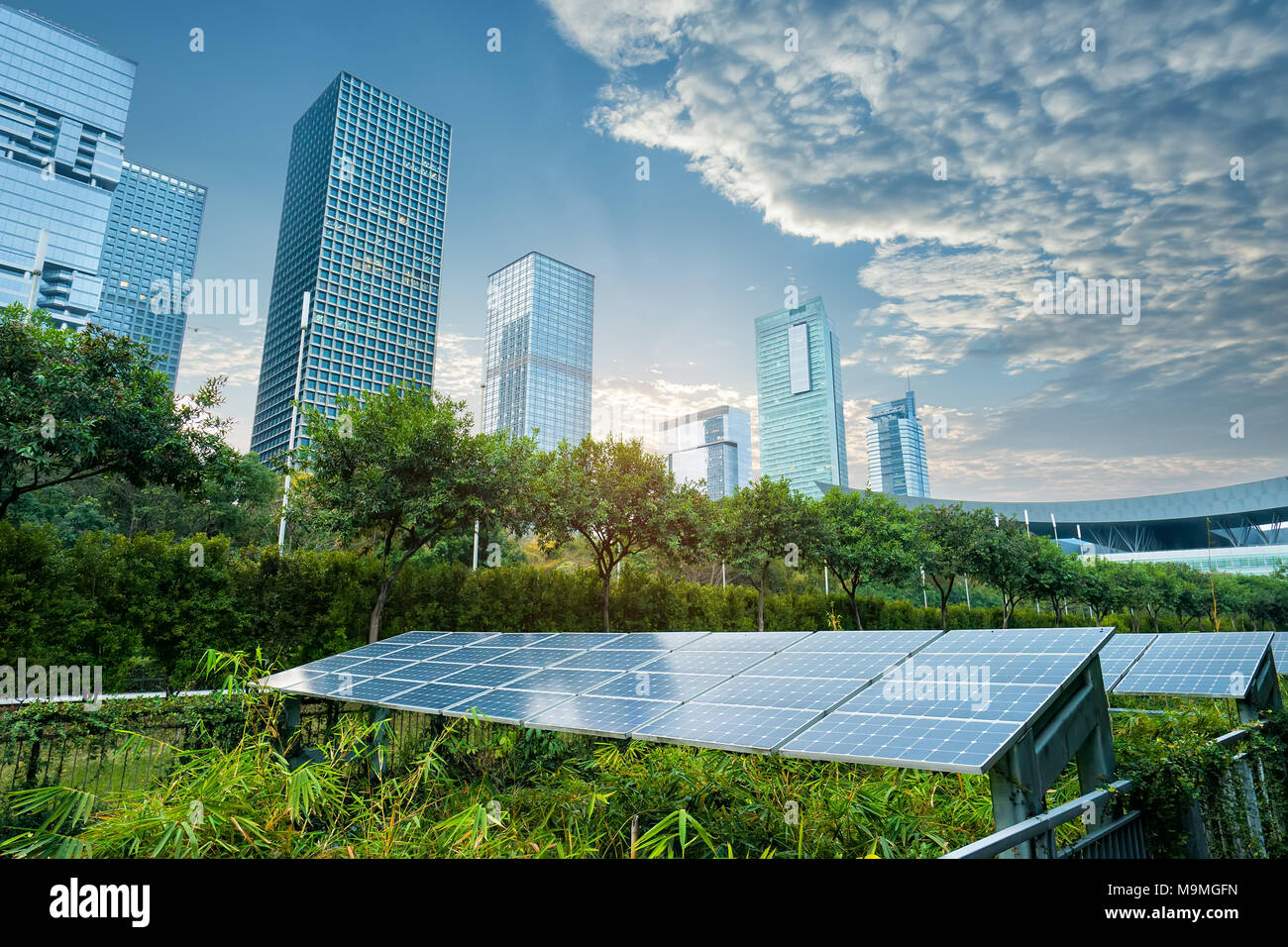 solar panel plant with urban landscape landmarks,Ecological energy ...