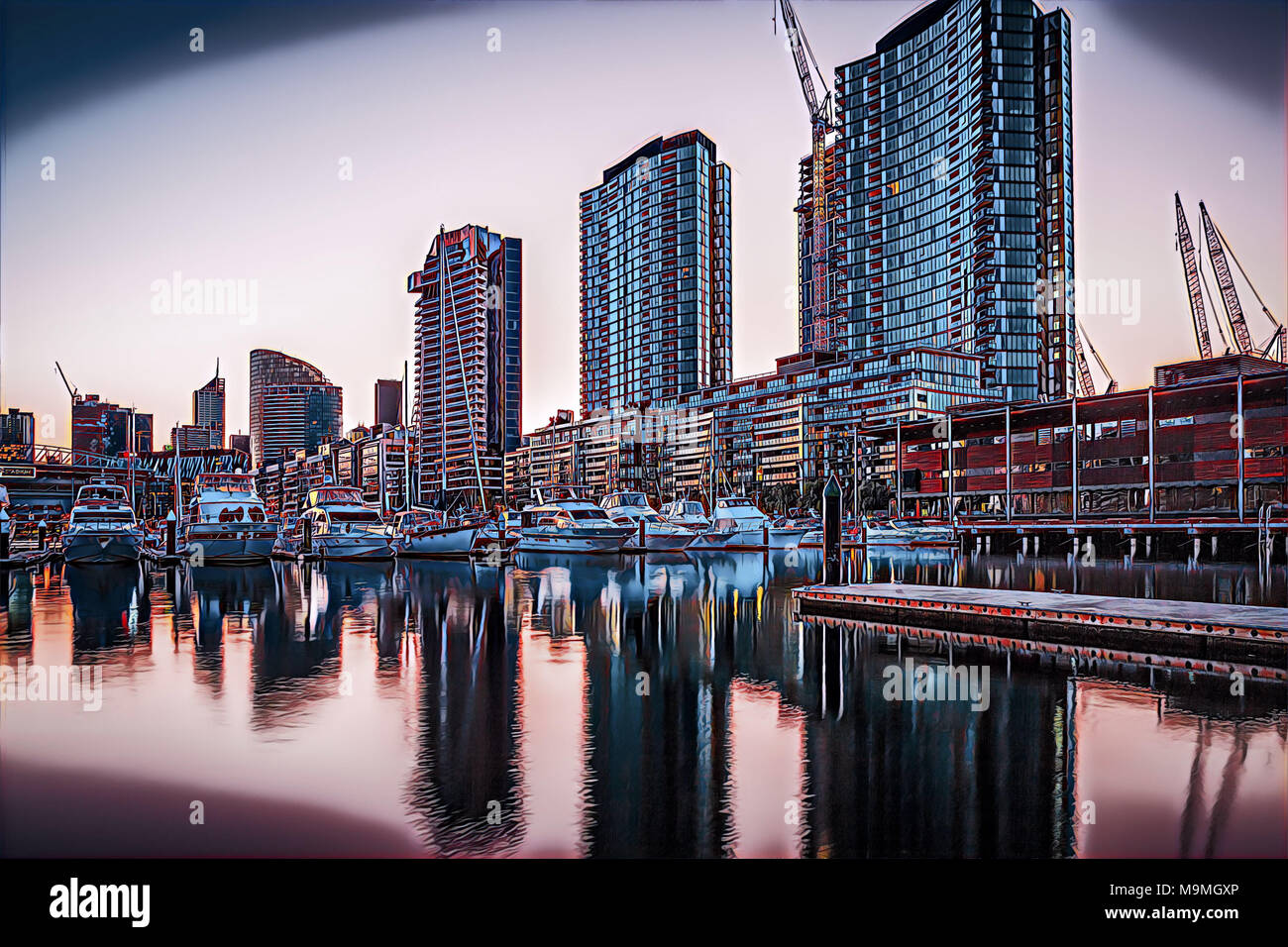 Illustration of modern high rise buildings and yachts on waterfront ...