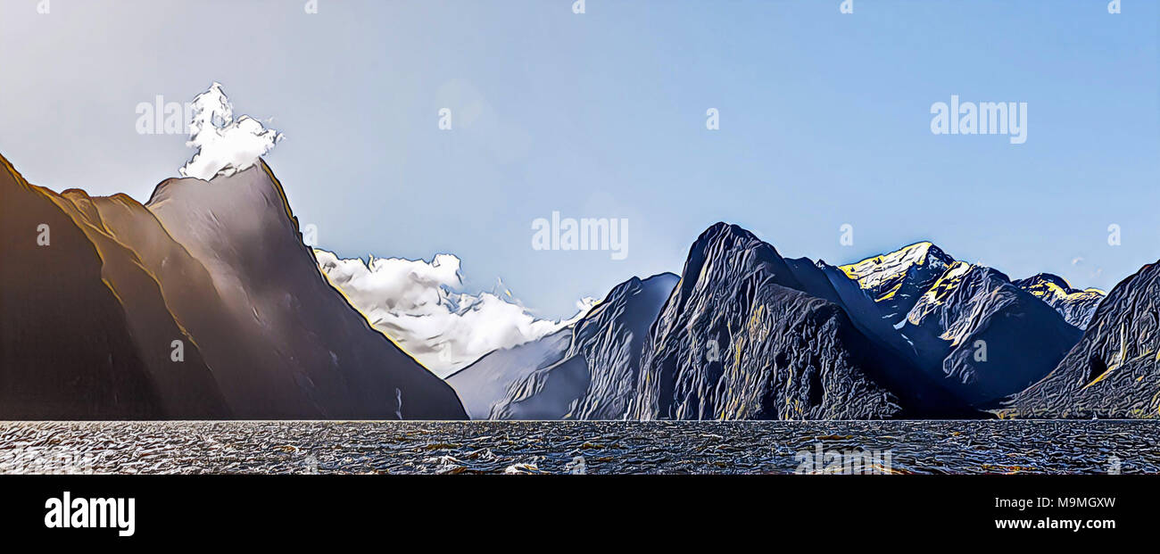 Drawing of Milford Sound, New Zealand Stock Photo - Alamy