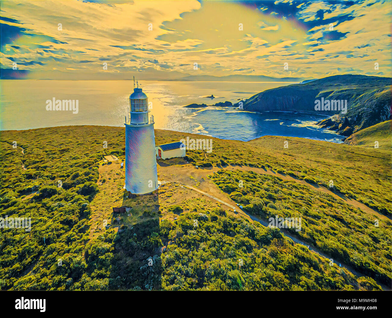 Digital painting of lighthouse on a cliff at sunset Stock Photo - Alamy