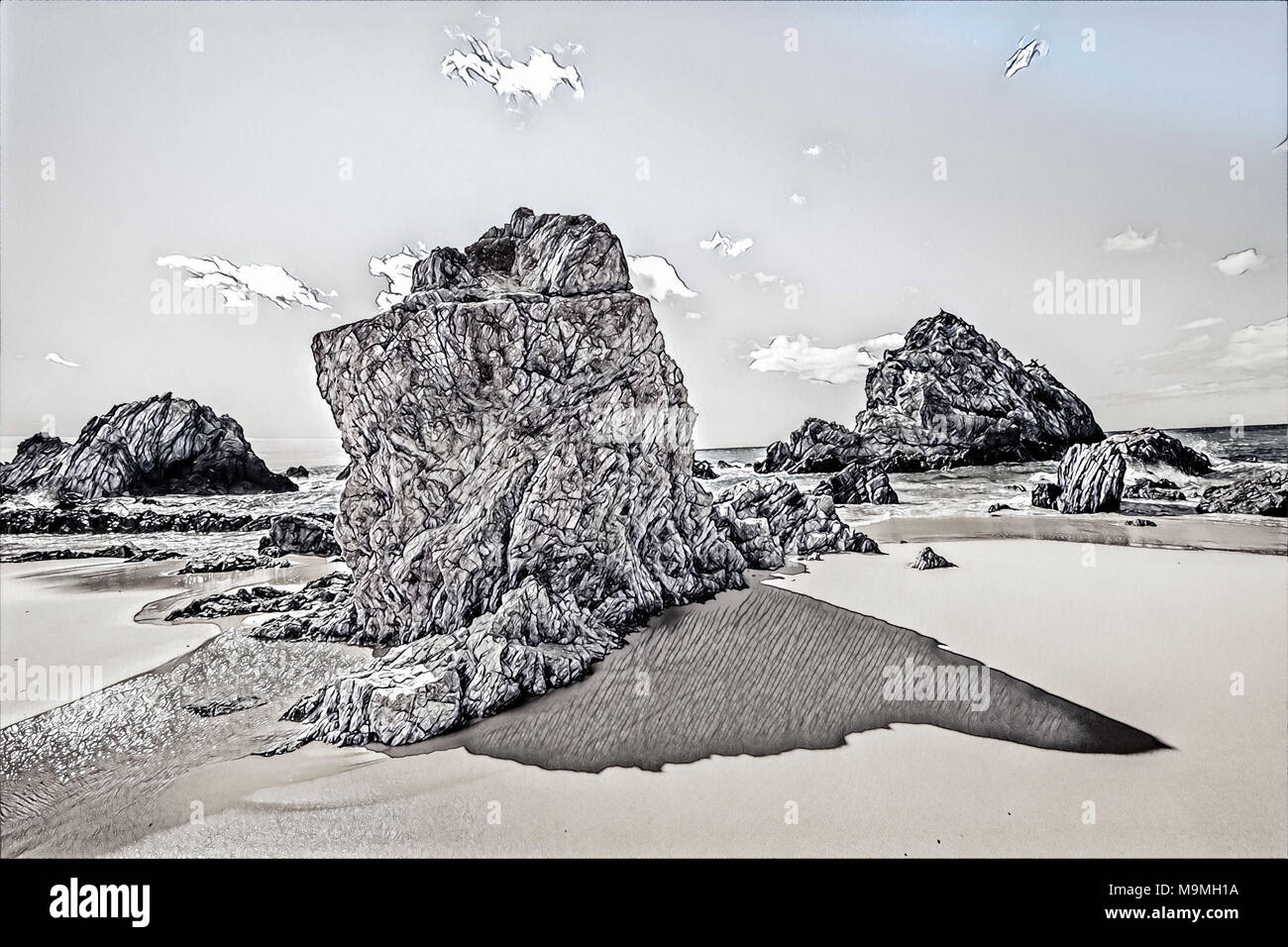 Eroding rock formation on the beach illustration in black and white ...