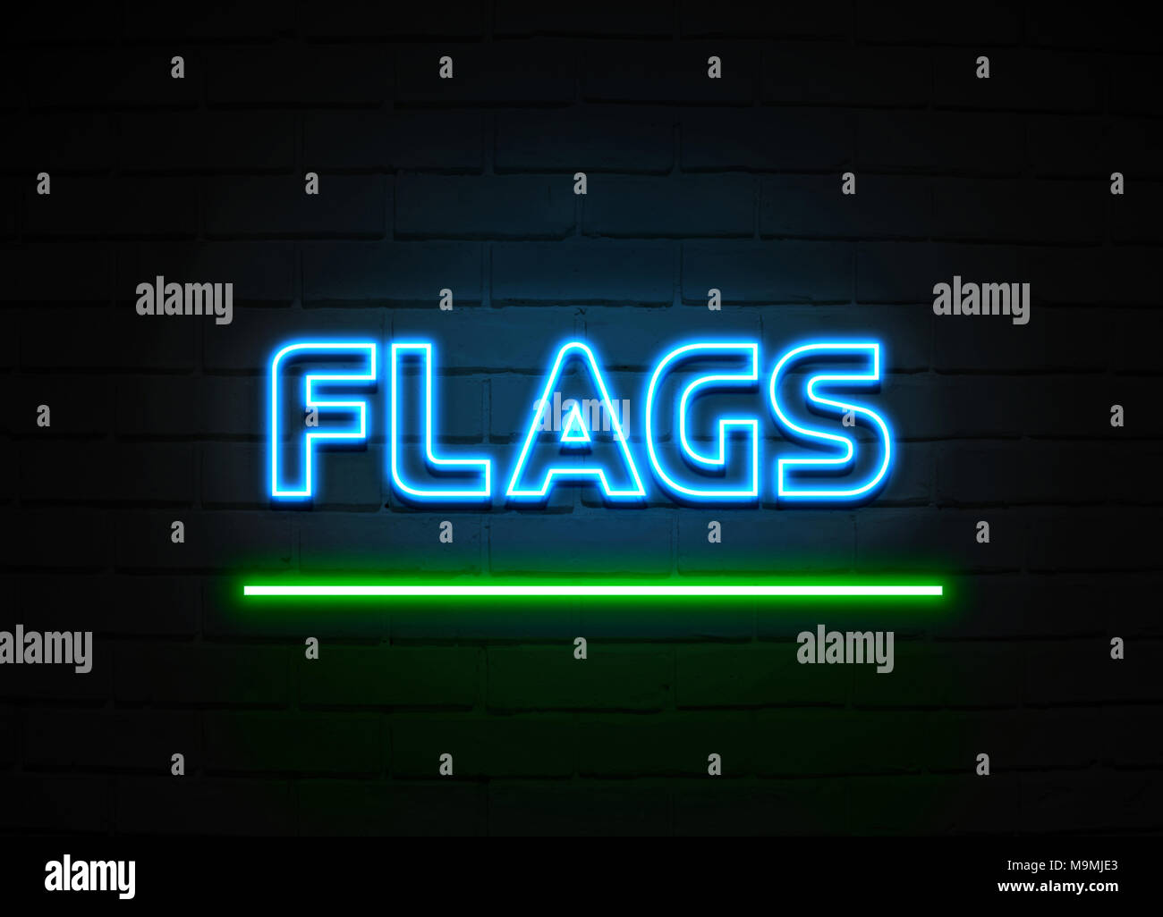 Flags neon sign - Glowing Neon Sign on brickwall wall - 3D rendered ...