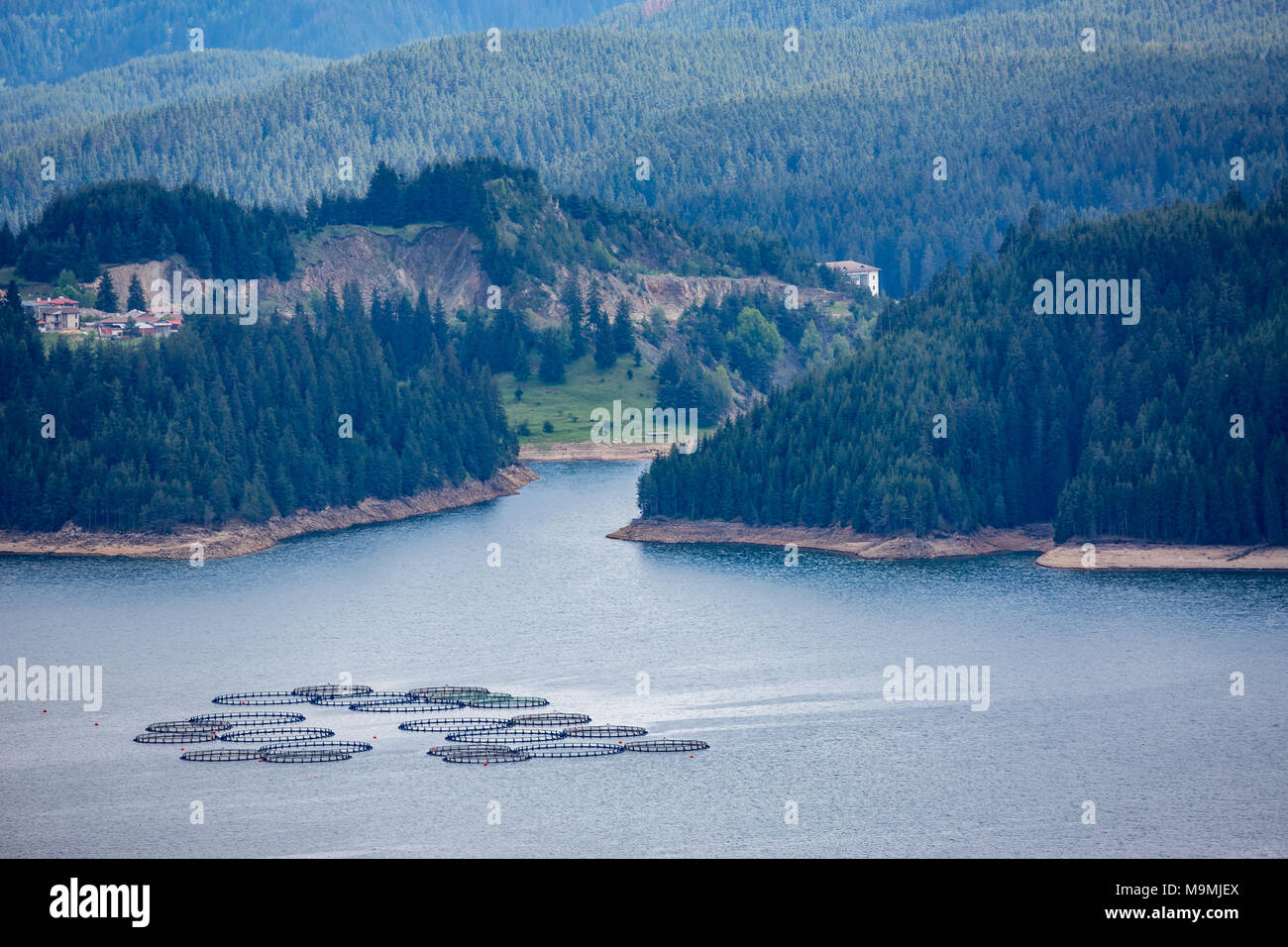 Elevated spring landscape of the blue waters of Dospat reservoir with ...