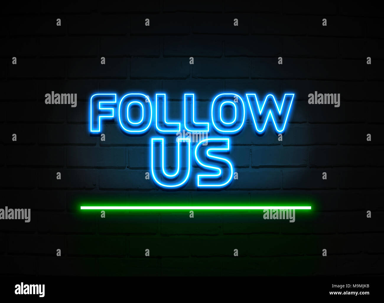 Follow Us neon sign - Glowing Neon Sign on brickwall wall - 3D rendered ...