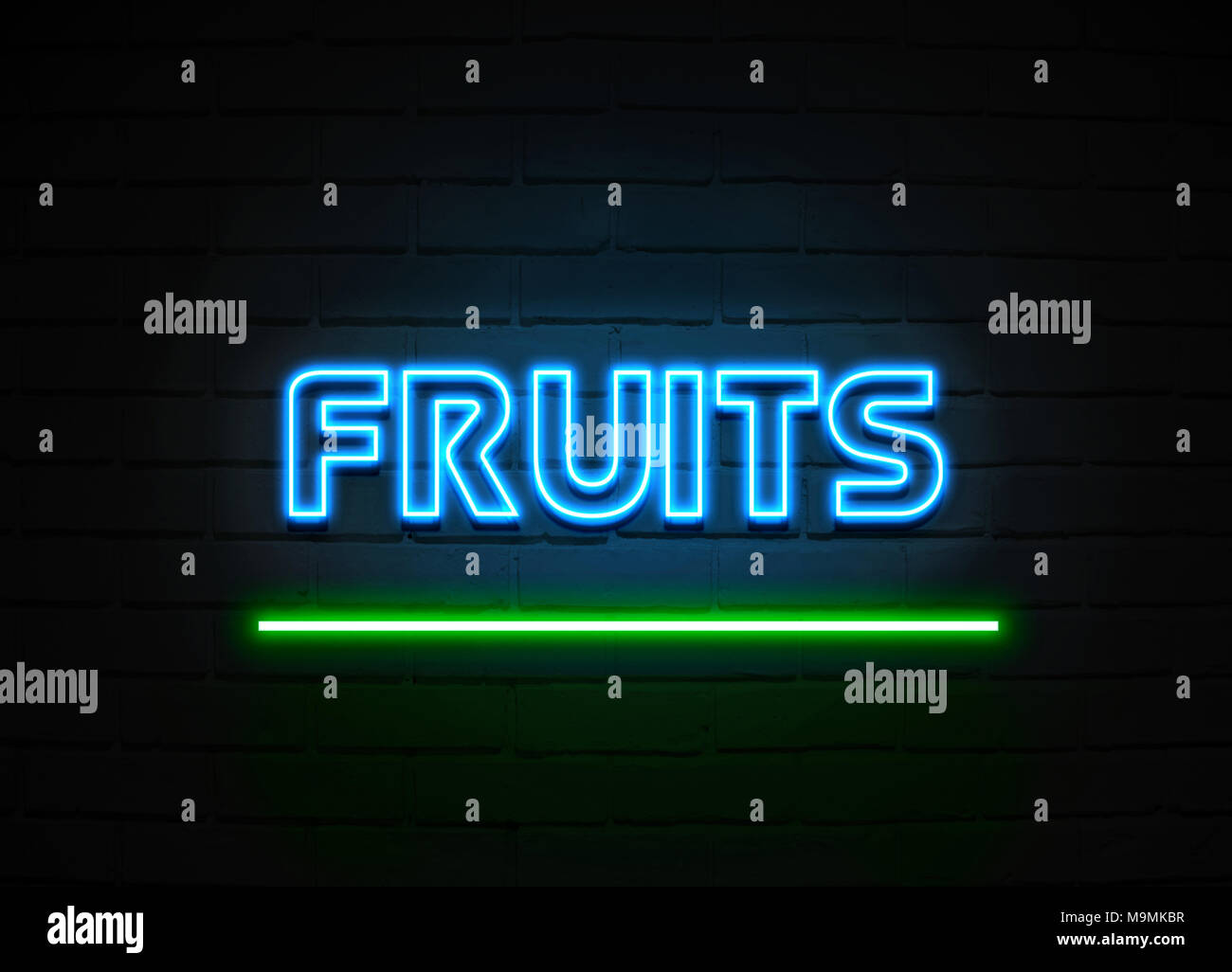 Fruits neon sign - Glowing Neon Sign on brickwall wall - 3D rendered ...
