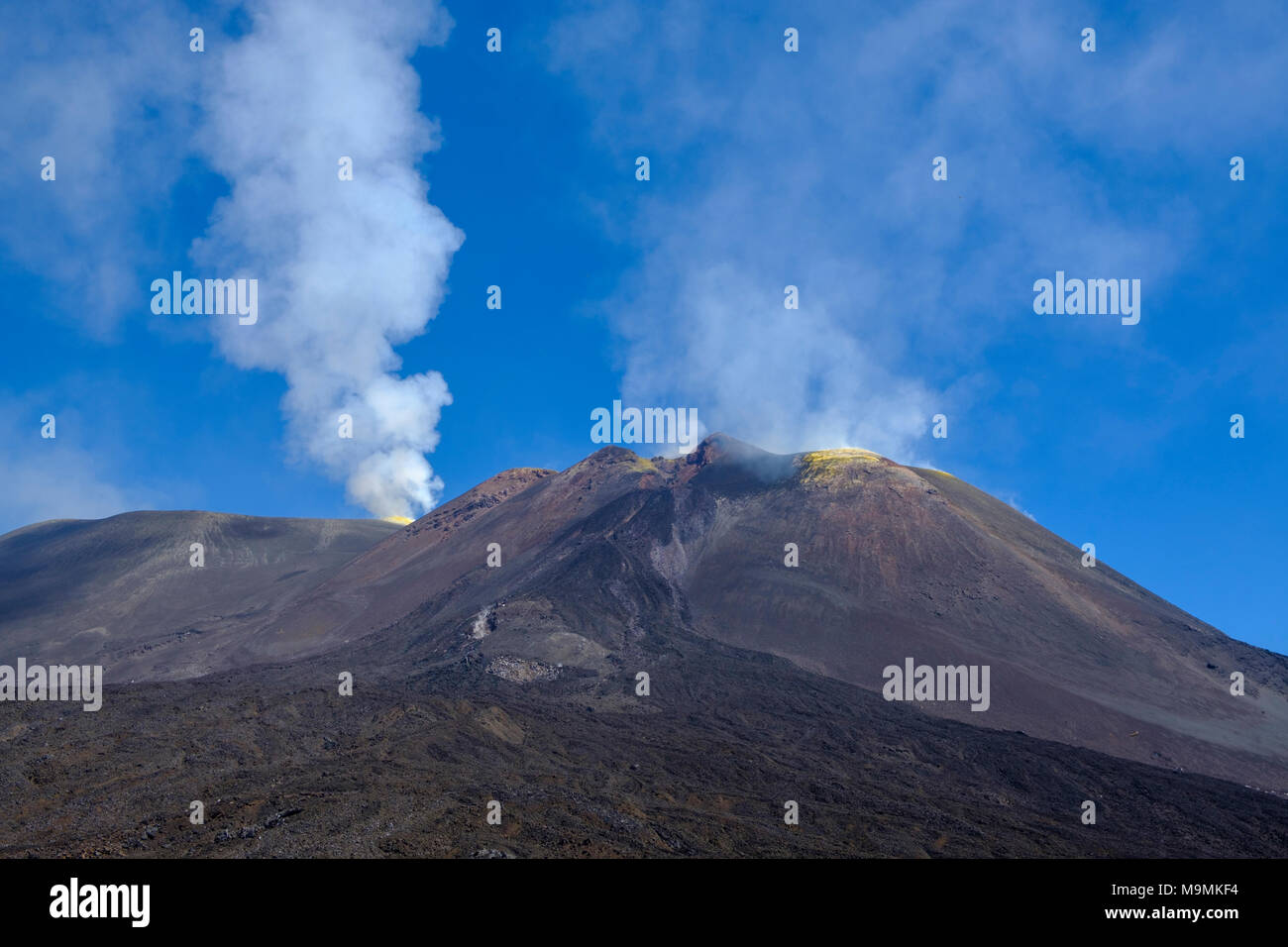 Smoking volcano Etna, province of Catania, Silcilia, Italy Stock Photo ...