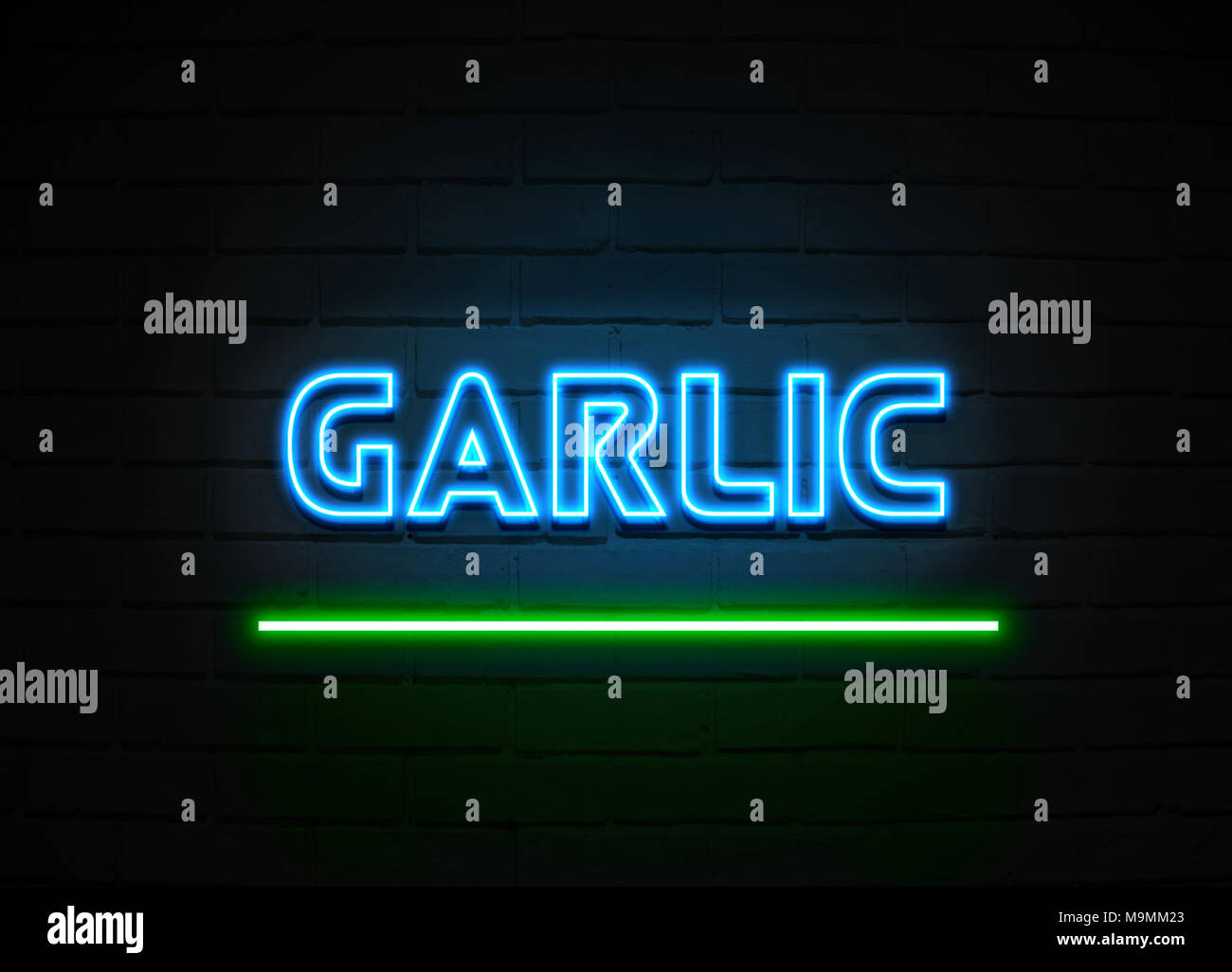 Garlic neon sign - Glowing Neon Sign on brickwall wall - 3D rendered ...